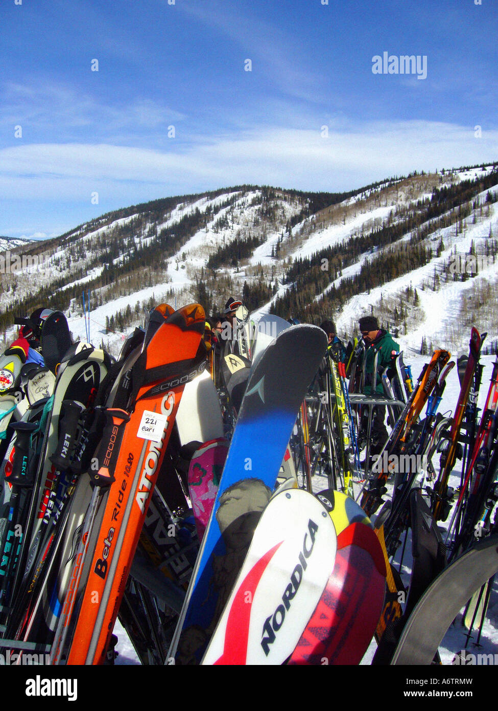 view of snowy rocky mountains through skiis Stock Photo - Alamy