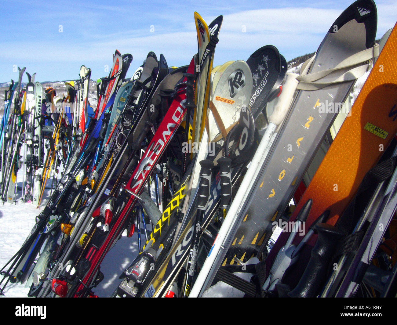 view of snowy rocky mountains through skiis Stock Photo - Alamy