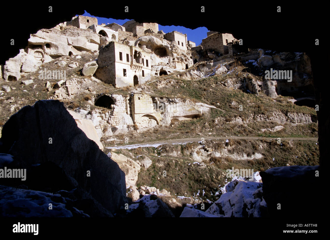 The caved rock where troglodyte population lived, Cappadocia, Turkey ...