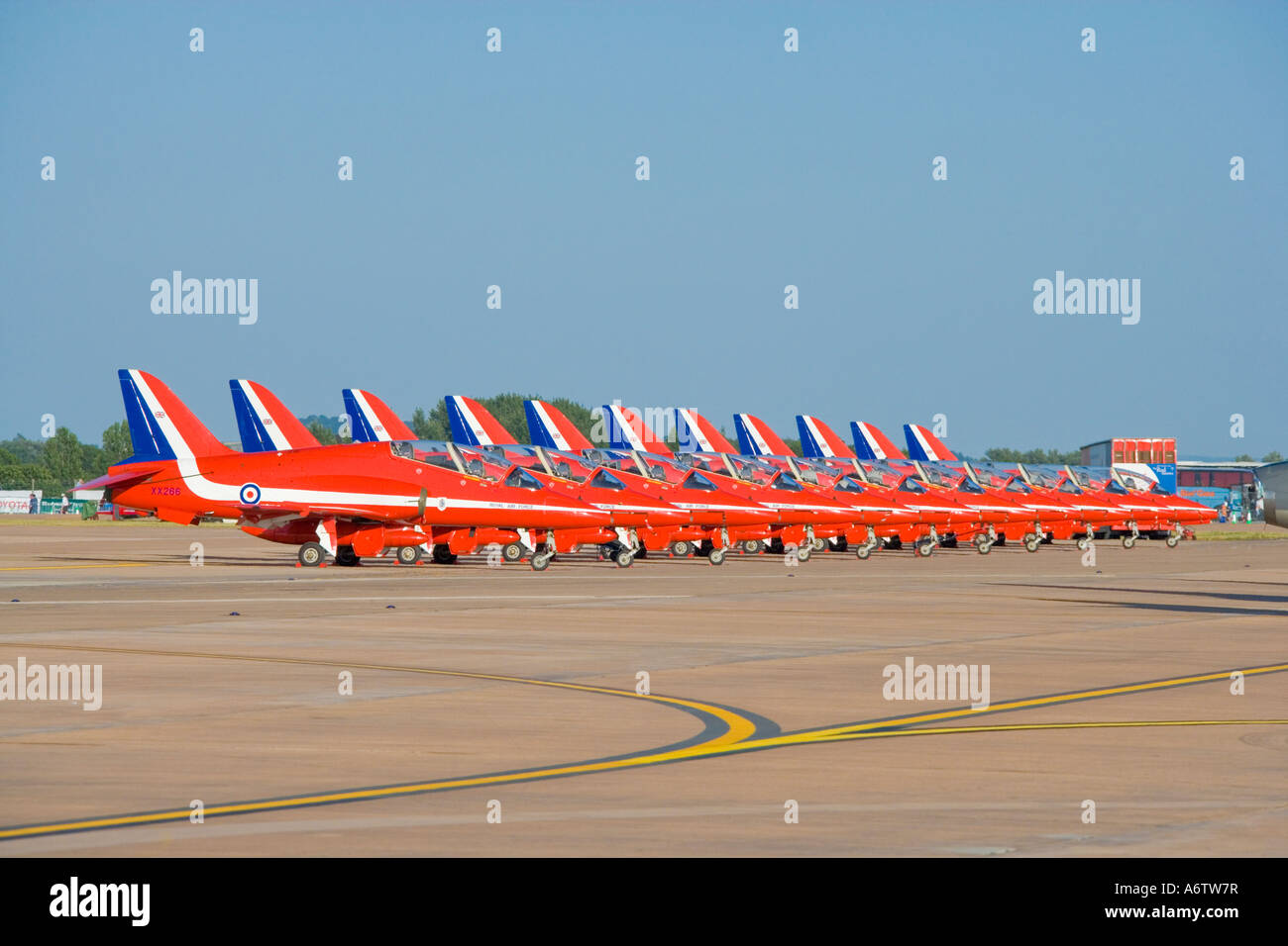 Eleven Hawk Trainer aircraft of RAF Red Arrows Aerobatic Team precision ...