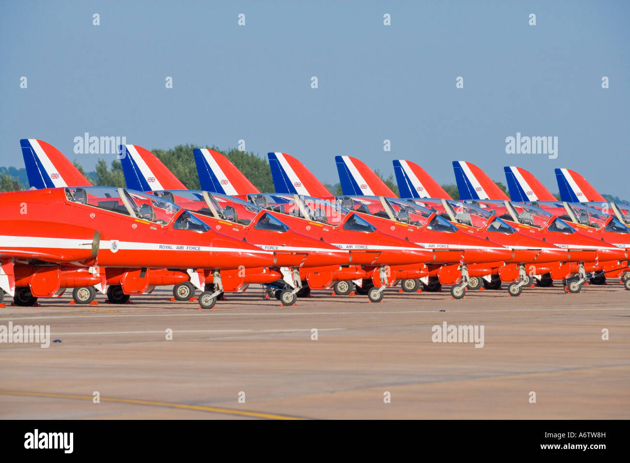 Nine Hawk Trainer aircraft of RAF Red Arrows Aerobatic Team precision ...