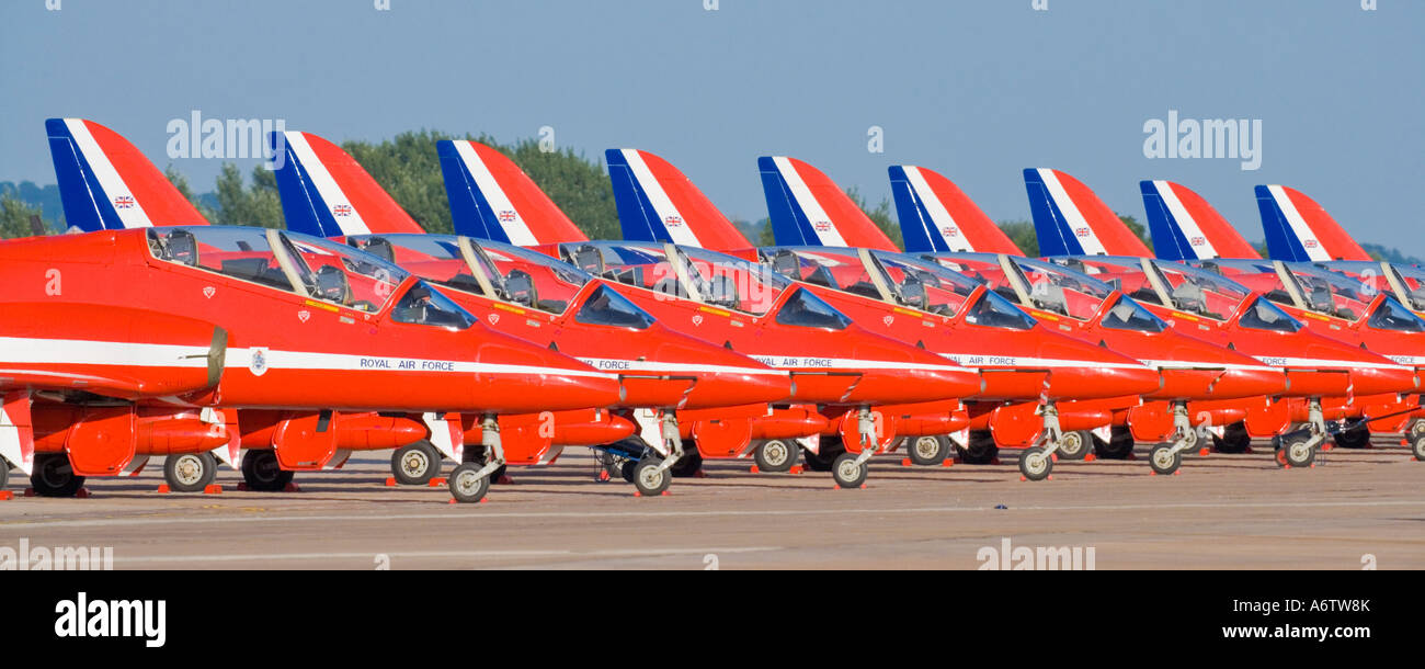 Nine Hawk Trainer aircraft of RAF Red Arrows Aerobatic Team precision ...