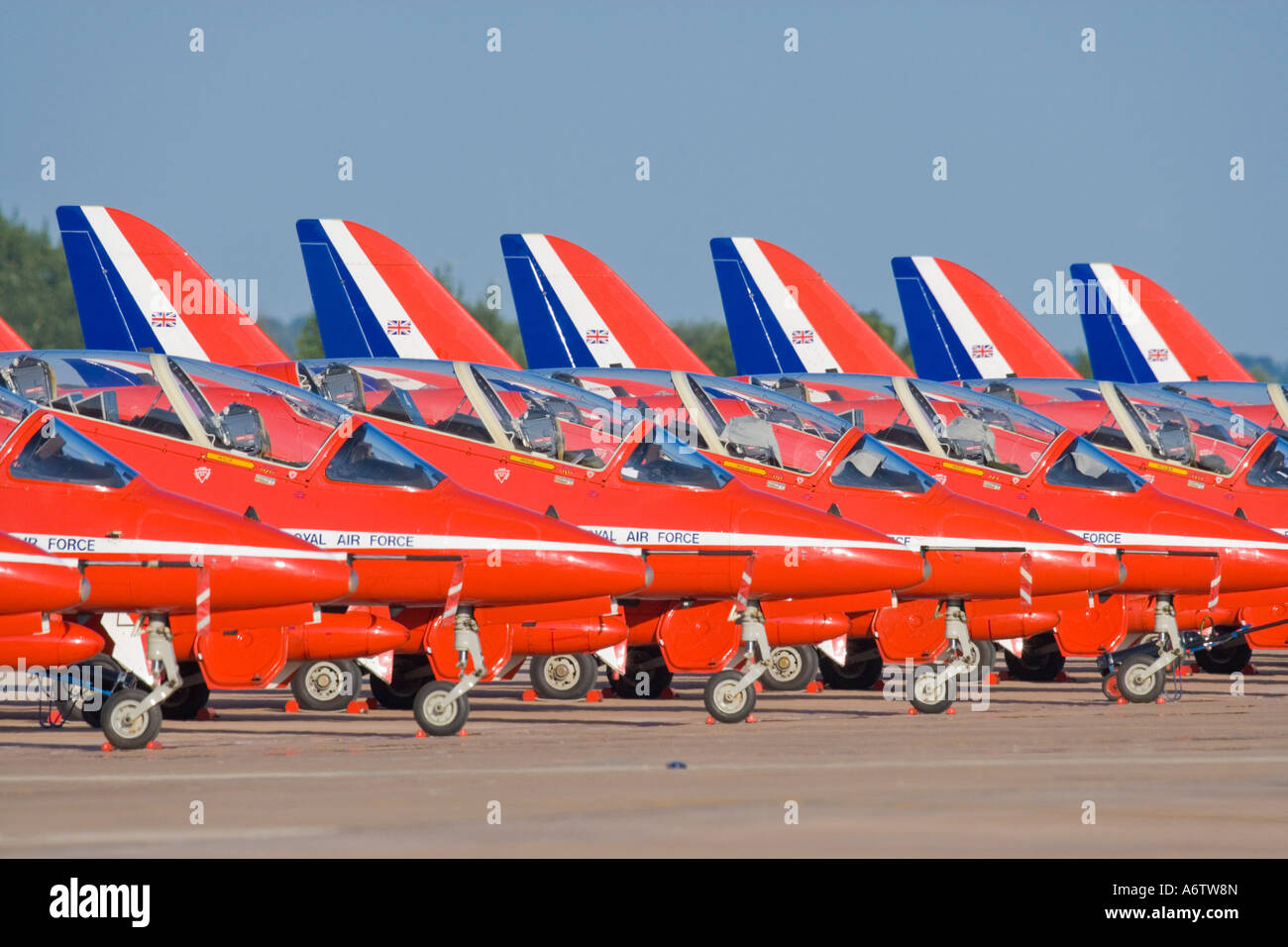 Six Hawk Trainer aircraft of RAF Red Arrows Aerobatic Team precision ...