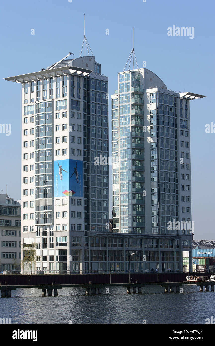 High rise building Treptowers - Waterside river Spree in Berlin ...