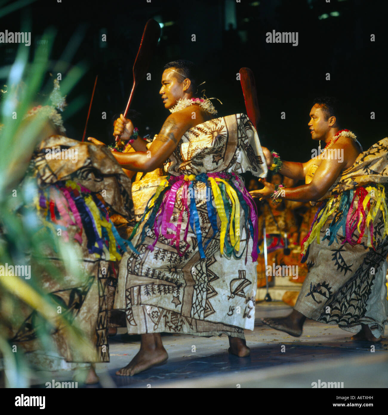 Group of Tongan male dancers in elaborate tapa cloth colourful ...
