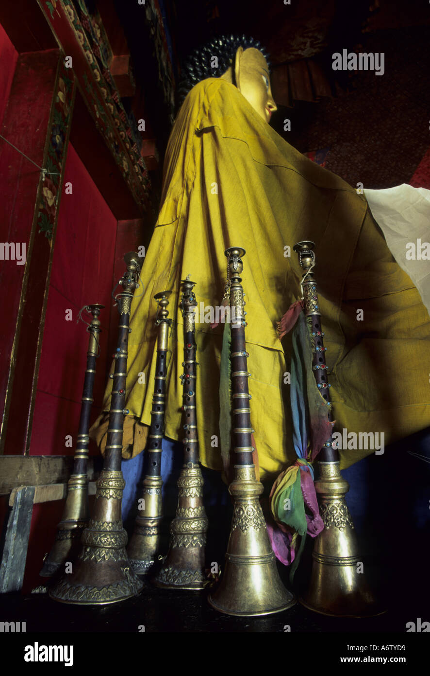 Asia, India, Ladakh, Spituk gompa (monastery). Carved brass and wood ...