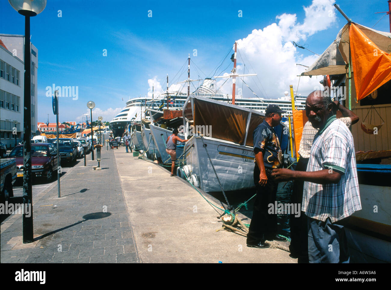 Floating market at Caribbean dockside n the island of Curacao. The ...