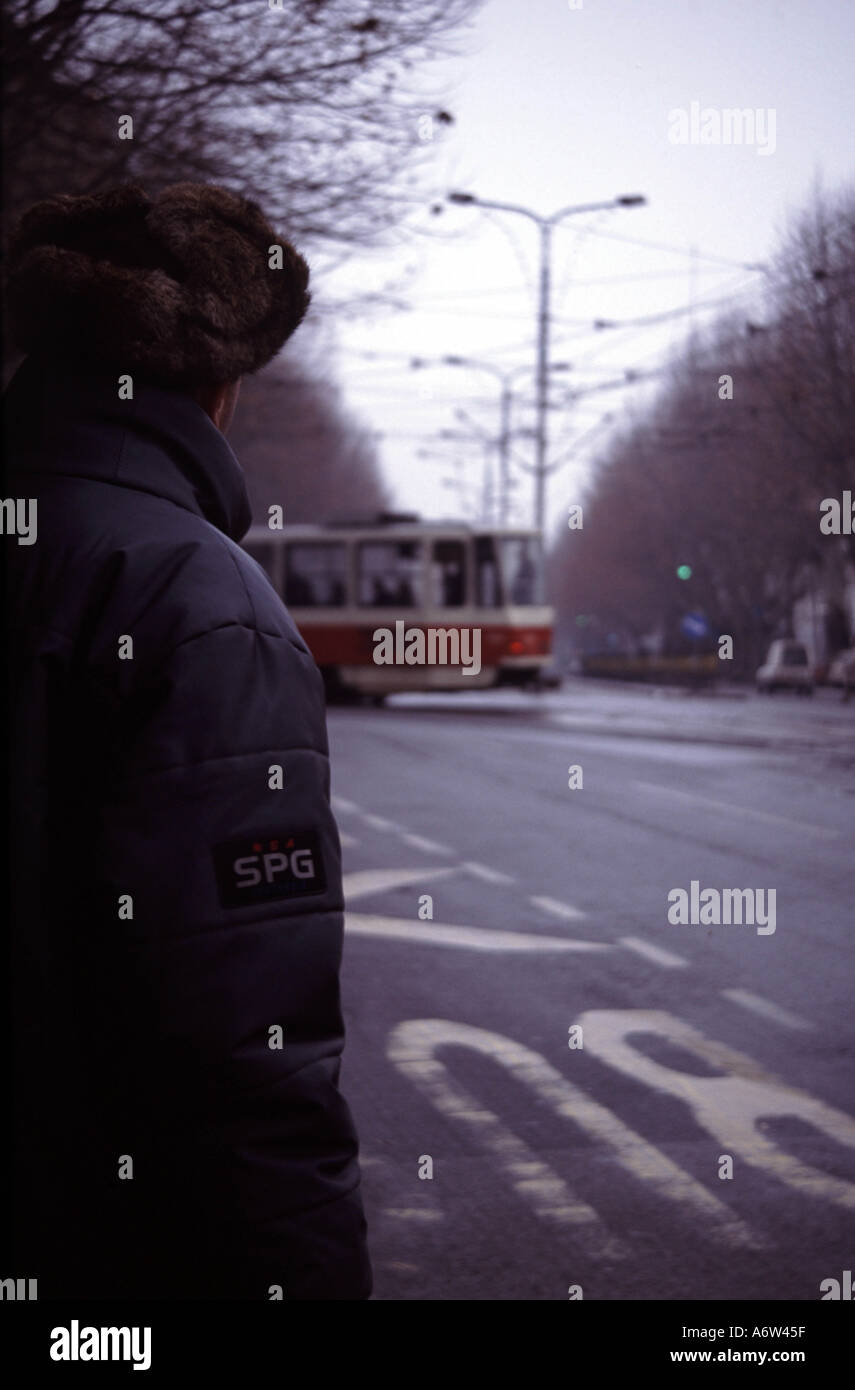 Serbian at bus stop in Belgrade Serbia Stock Photo - Alamy