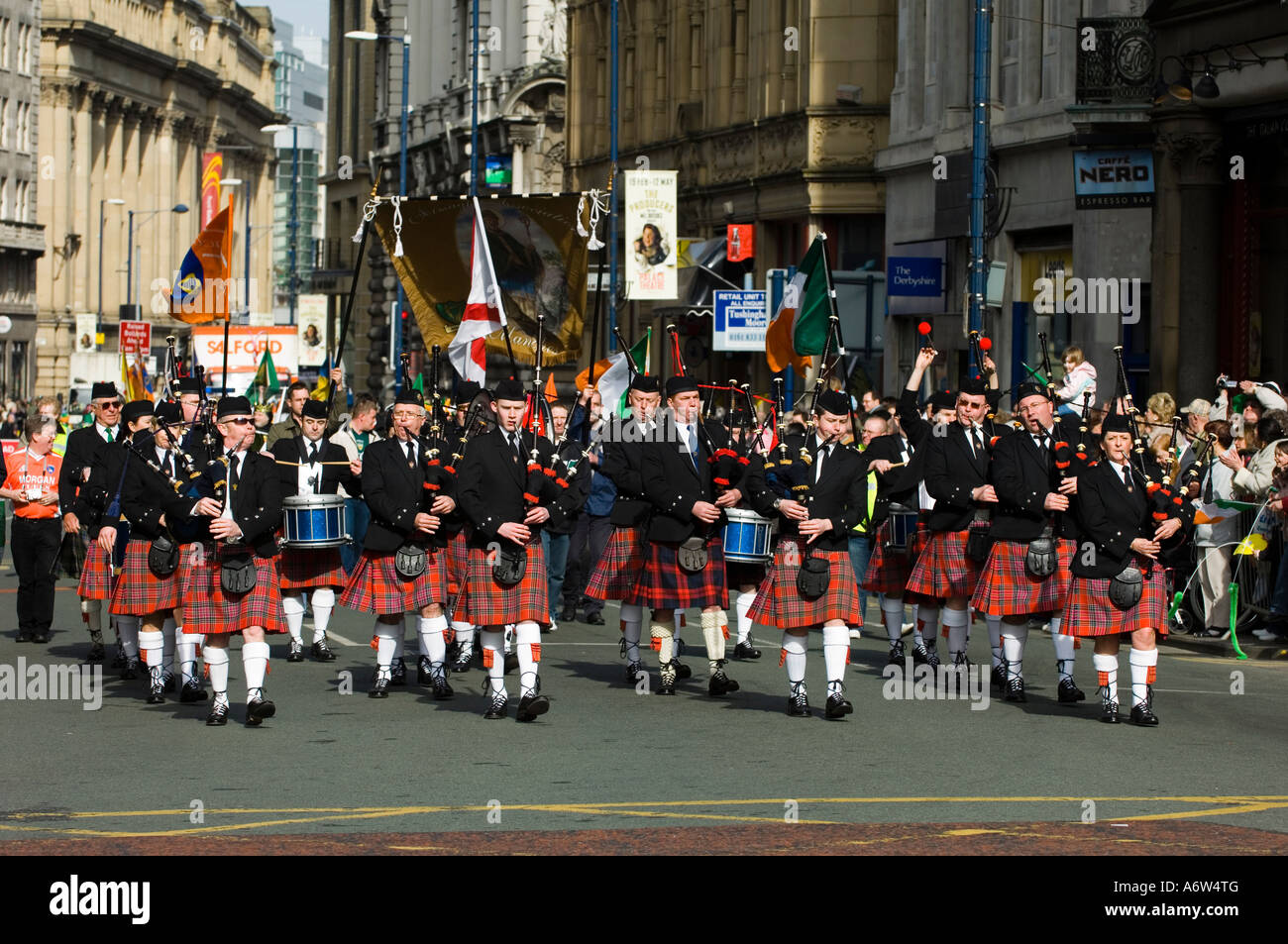 Bagpipe band St.Patrick's day parade Manchester UK Stock Photo - Alamy