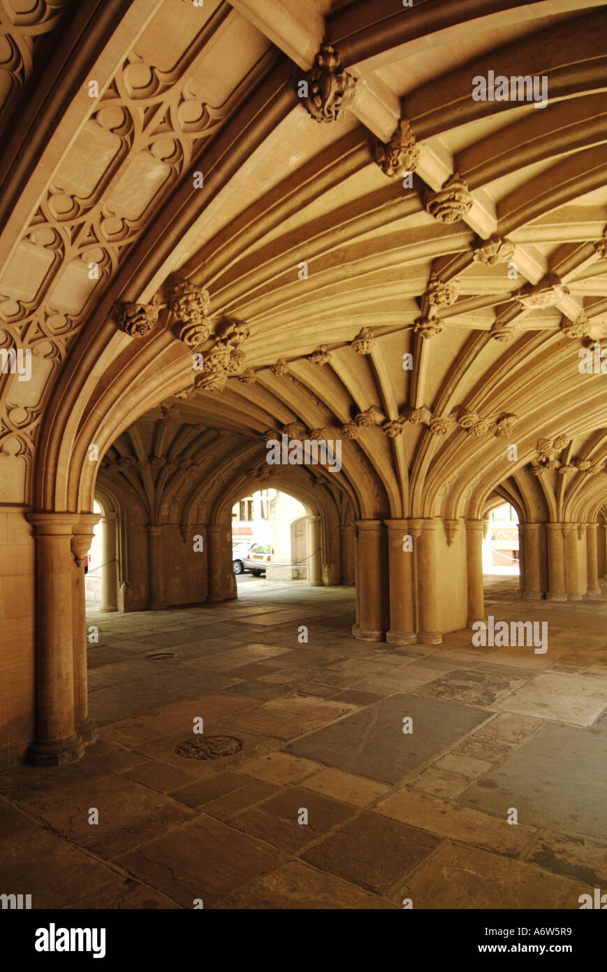 Elaborate stone fan vaulting in the open undercroft below the ...