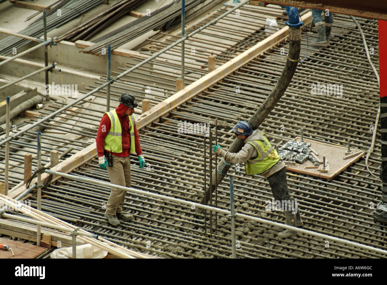 Aerial view steel reinforced foundations new office block building ...