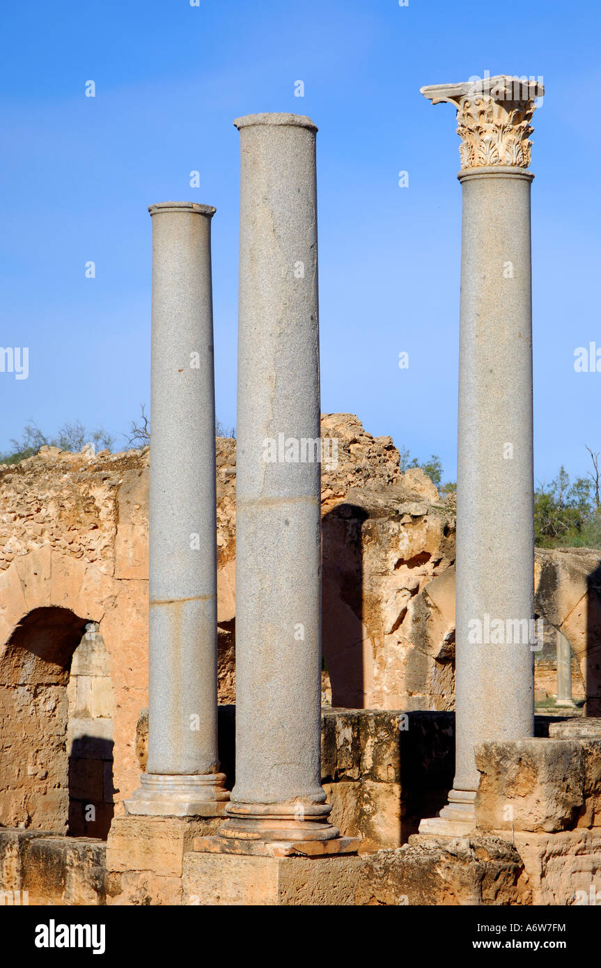 Ancient columns in the ruins of the Roman City Leptis Magna, Libya Stock Photo - Alamy