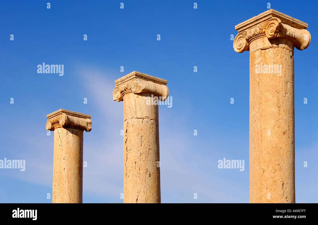 Ancient columns iwith ionic capital, ruins of the Roman City Leptis Magna, Libya Stock Photo - Alamy