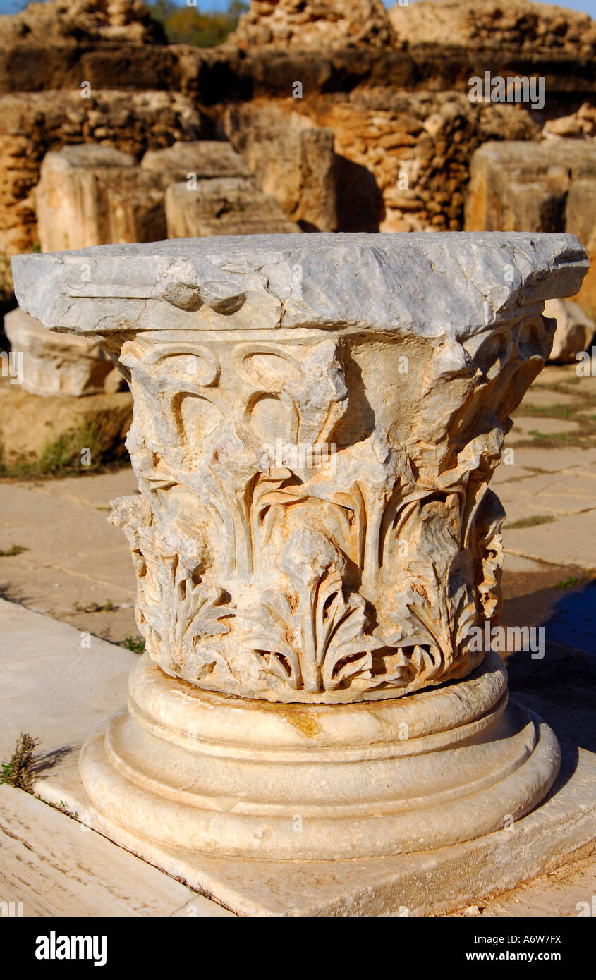 Decorated capital, ruins of the Roman City Leptis Magna, Libya Stock Photo - Alamy