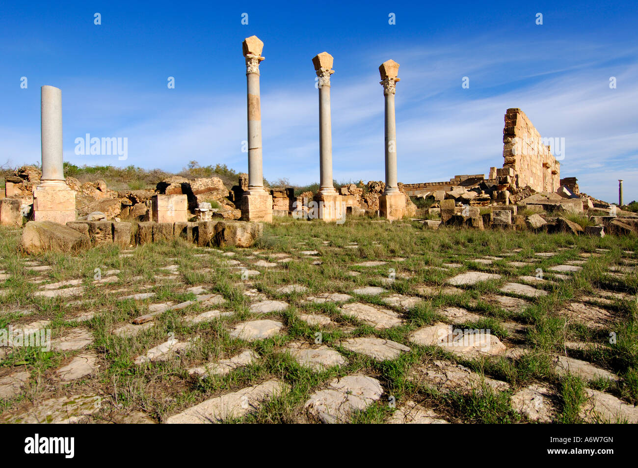 Columns with corinthian capital, Ruins of the Roman City Leptis Magna, Libya Stock Photo - Alamy