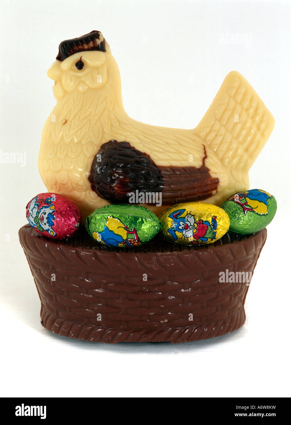 Easter Eggs & Chocolate Hen In Basket Stock Photo - Alamy