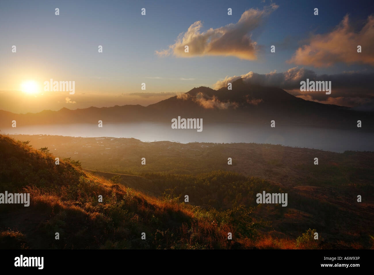 View from Gunung Batur to volcano Gunung Agung with lake Danau Batur ...