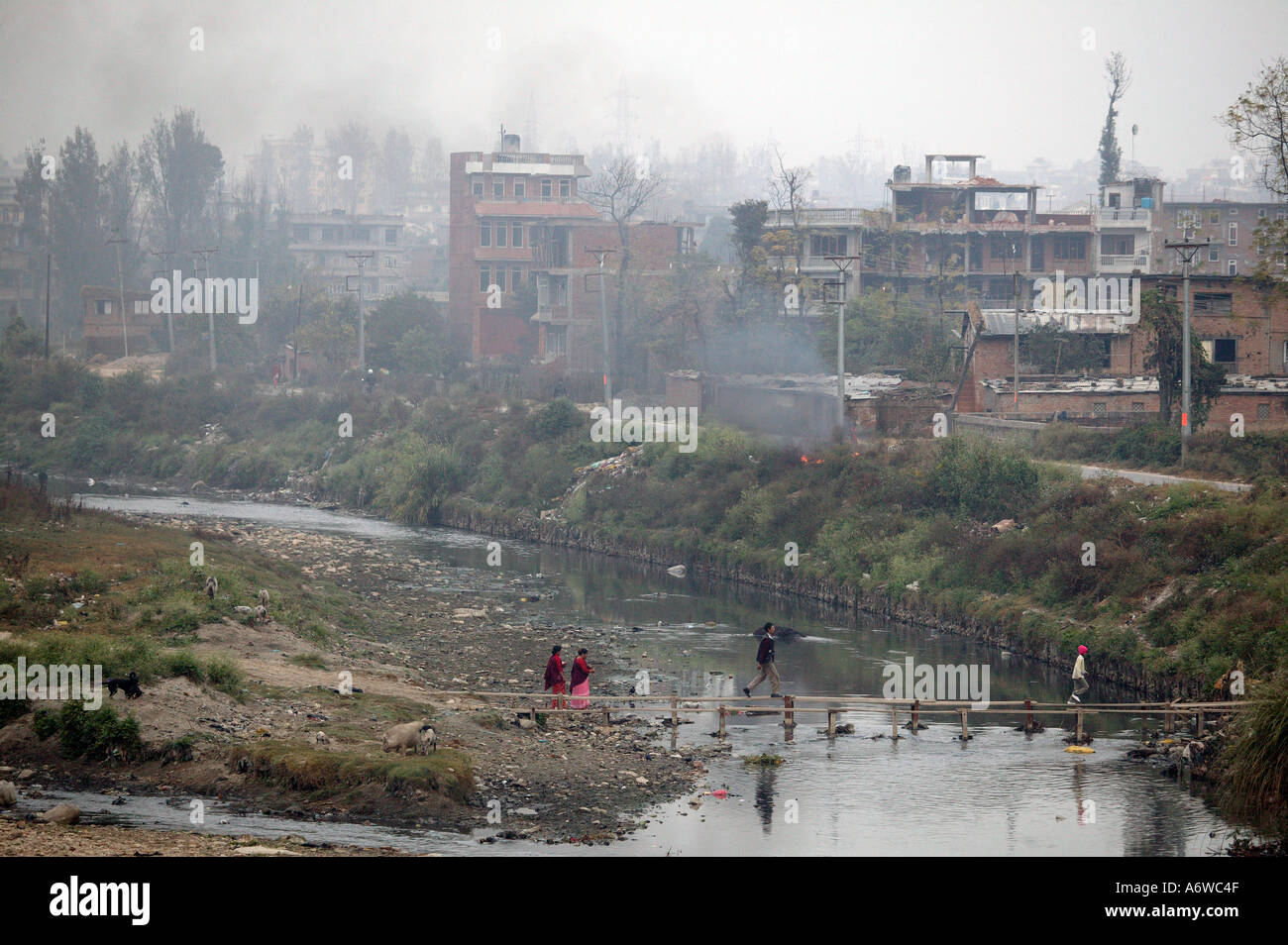 Asia Nepal Kathmandu November 2003 Bishnumati river at dawn the river ...