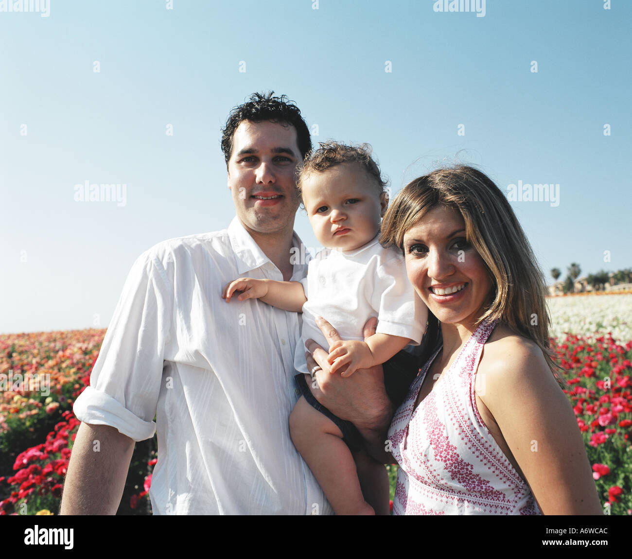 Family in field of flowers Stock Photo - Alamy