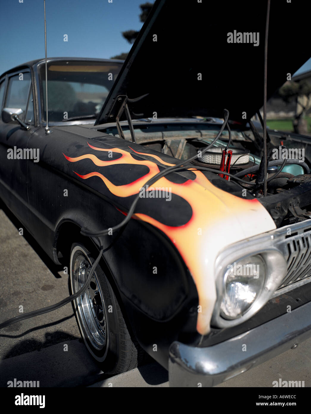 Old car with flames Stock Photo - Alamy