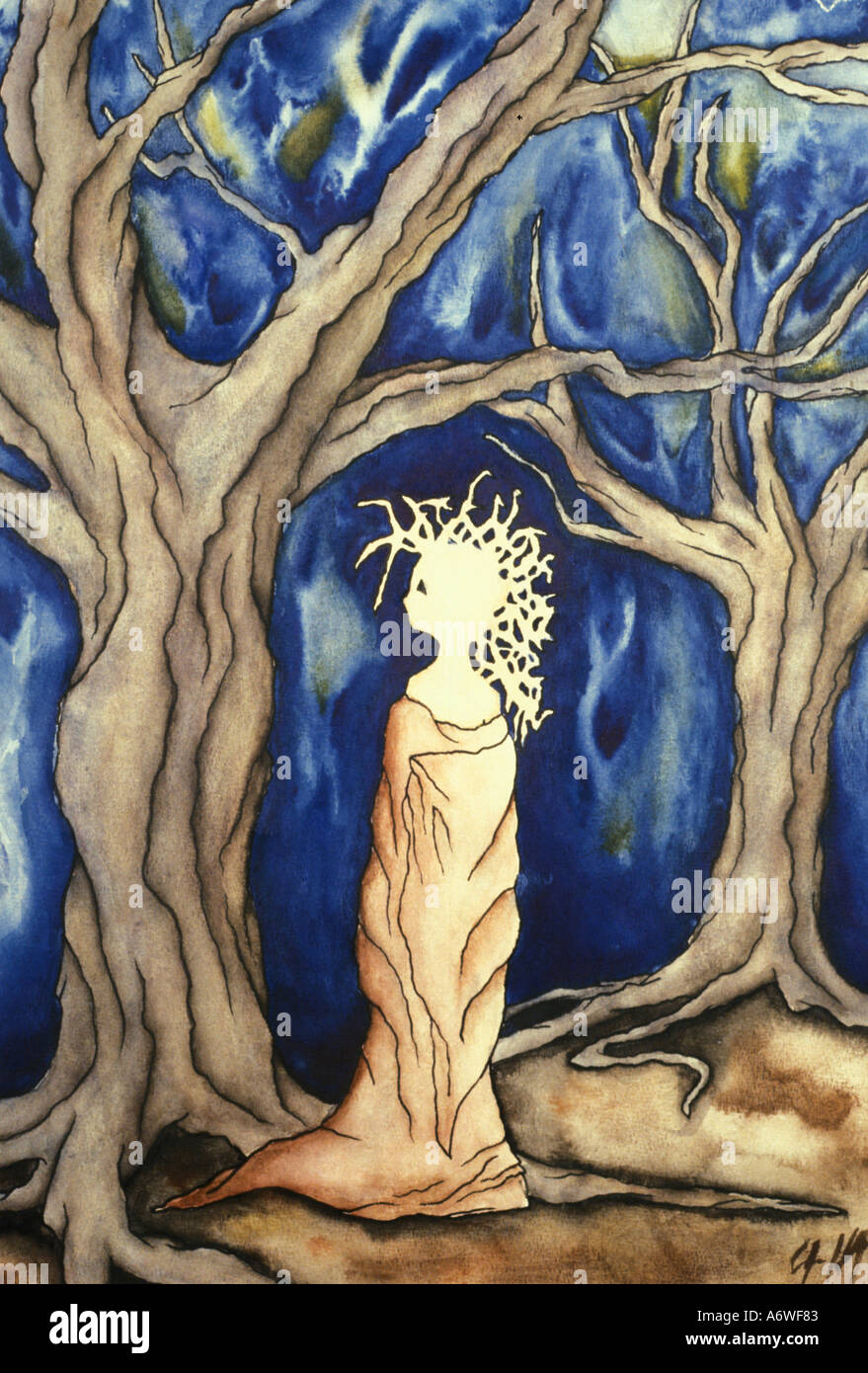 Tree nymph with dying or sleeping trees in a haunted forest Stock Photo ...