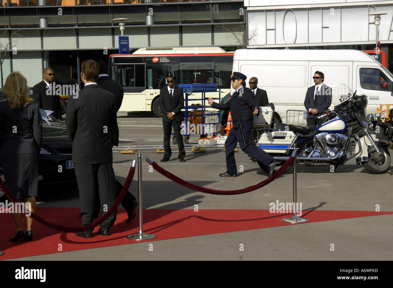 red carpet treatment celebrity arrival motorcycle barcelona diagonal ...