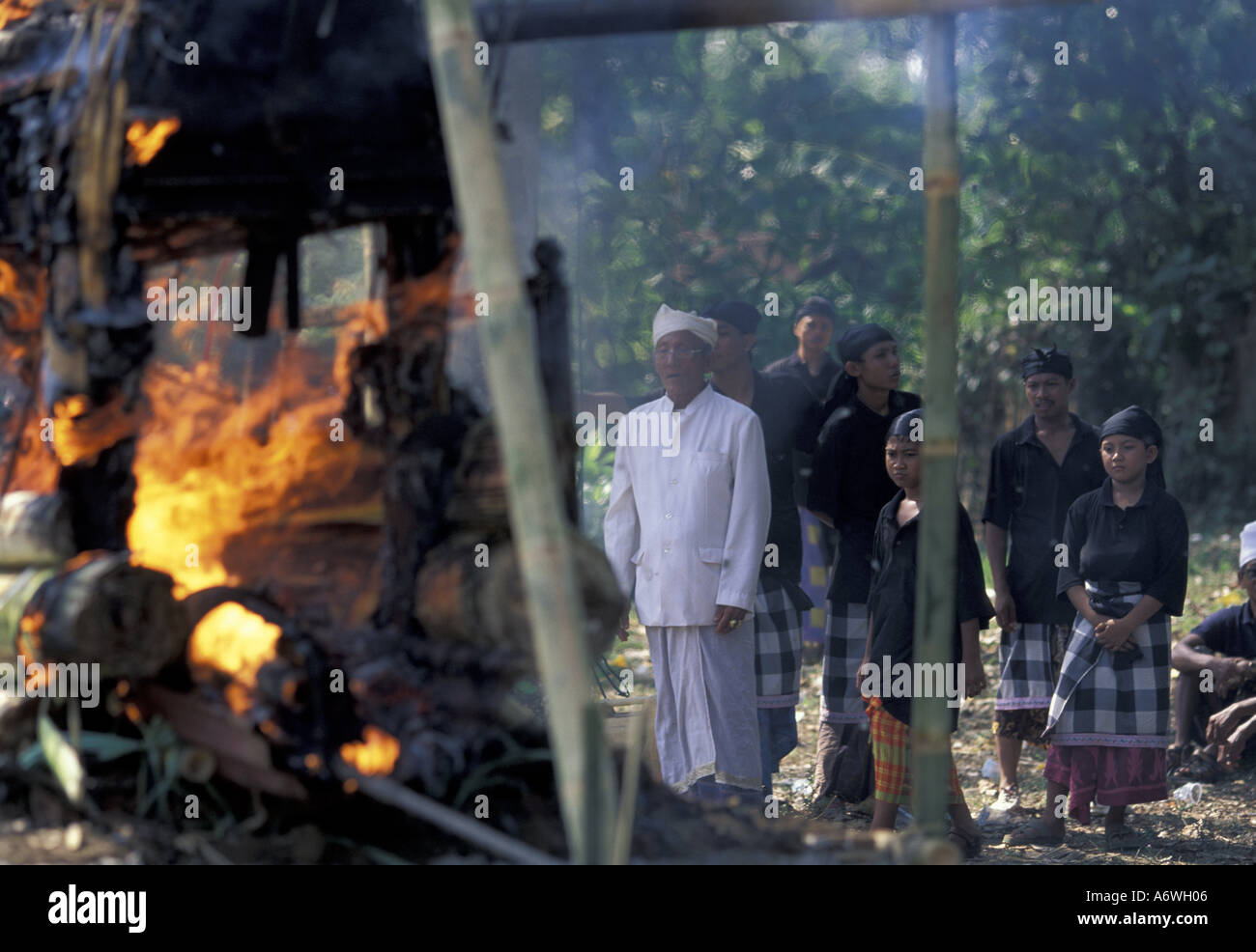 Asia, Indonesia, Bali, Gianyar. Funeral pyre burns at Hindu ceremony ...