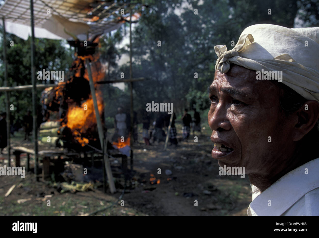 Asia, Indonesia, Bali, Gianyar. Funeral pyre burns at Hindu cremation ...