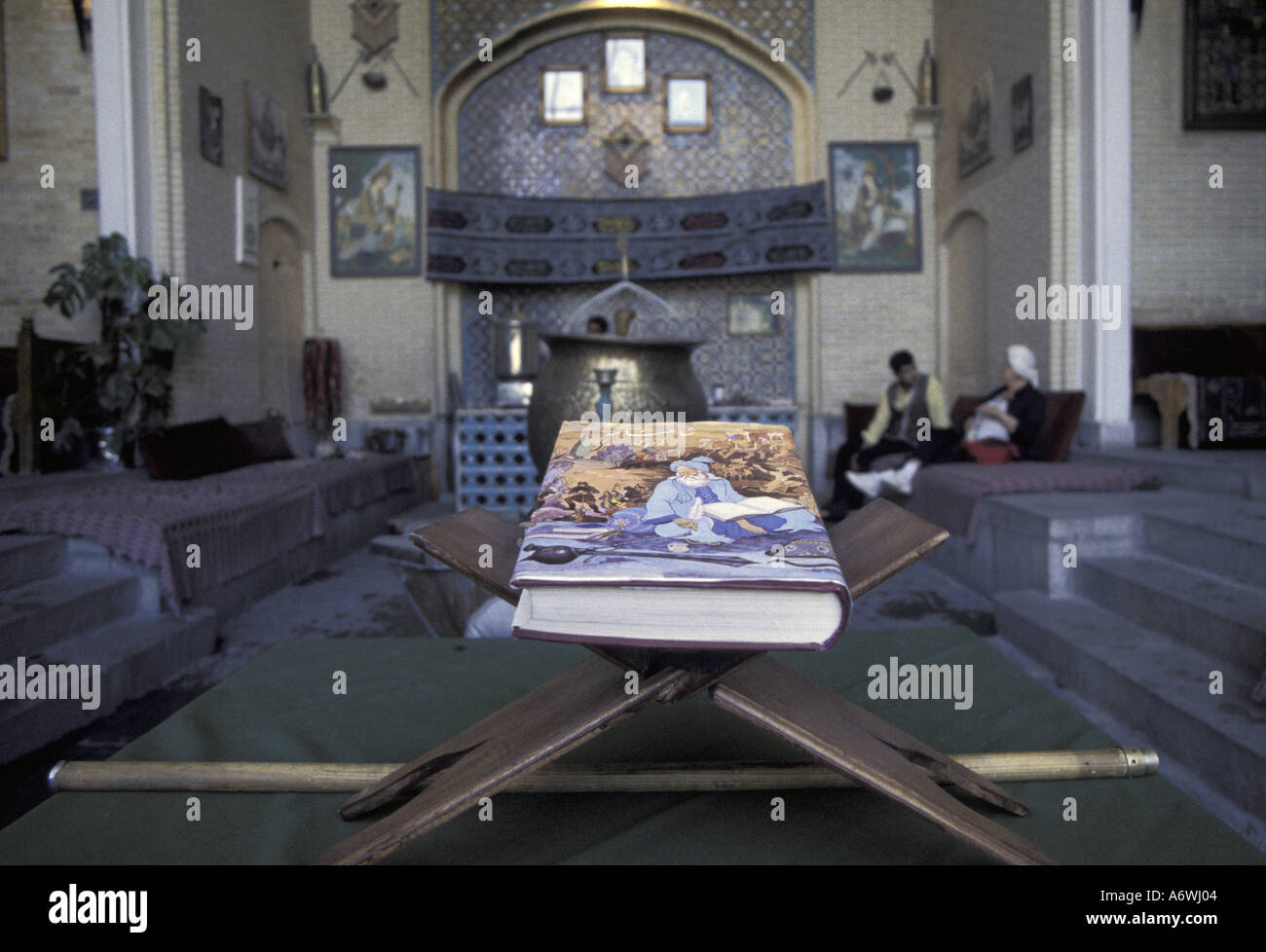 Iran, Isfahan. Tea house with Ferdowsi Chronicles at the Abbasi Hotel ...