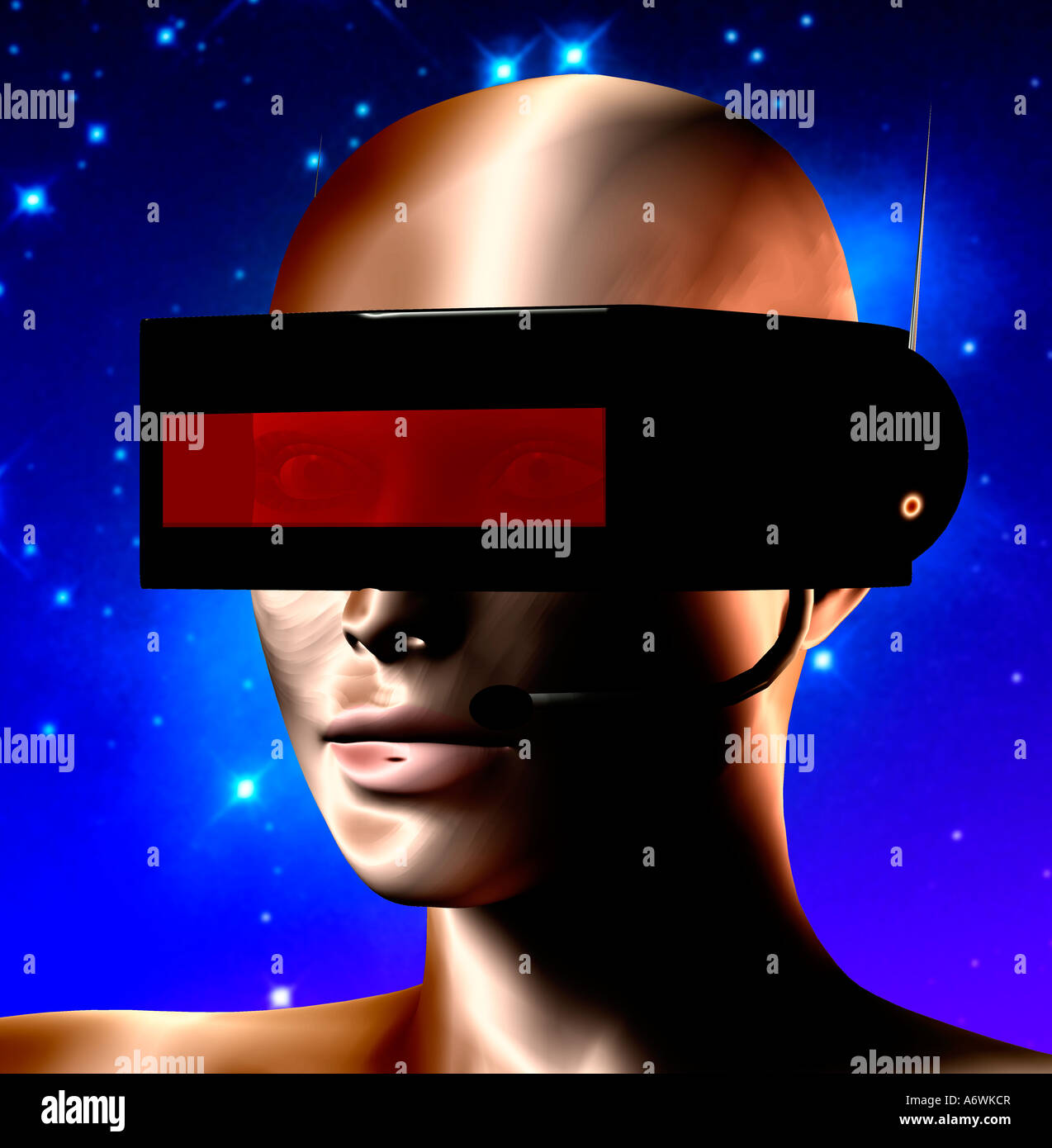 3D computer generated female robot with bionic headset and digital NASA ...