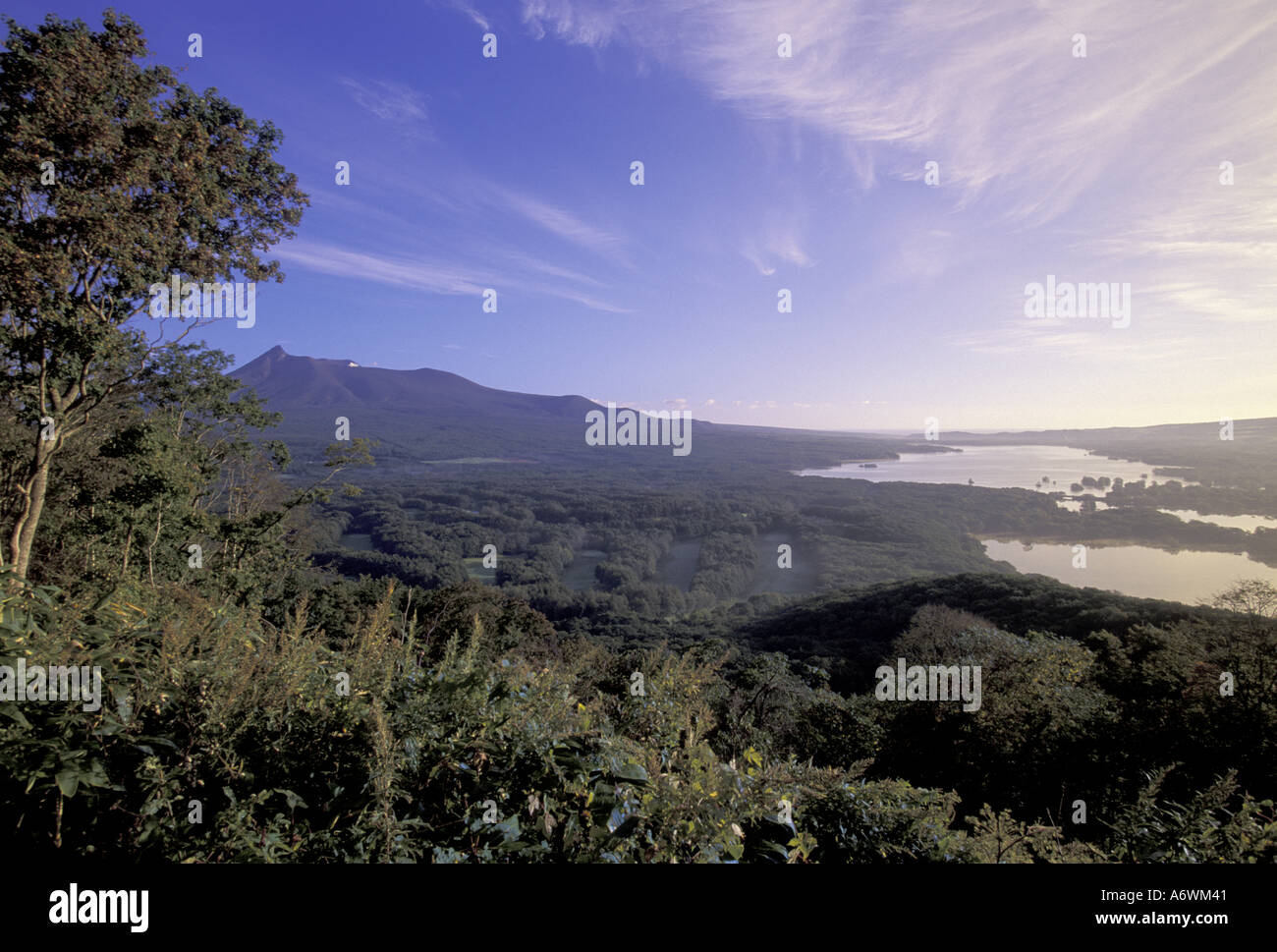 Asia, Japan, Hokkaido, Onuma Lake, View of Onuma Lakes and Mt ...