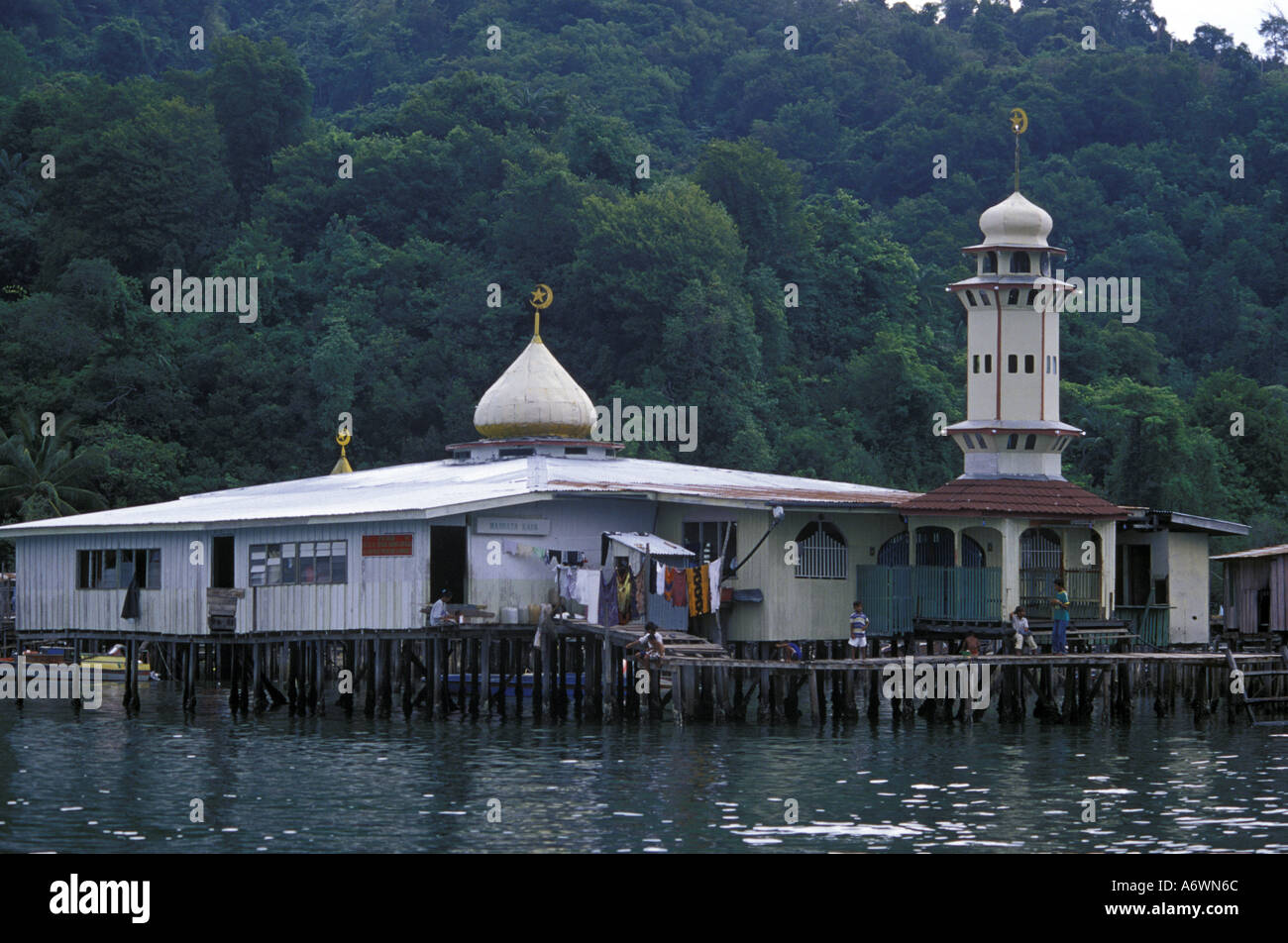 Malaysia, Borneo, Sabah. Mosque in a village built on stilts on the ...