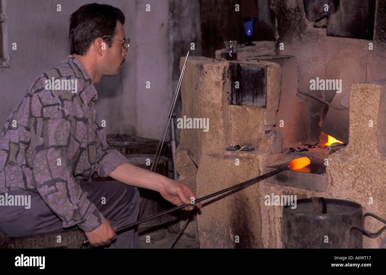 Syria, Damascus, Abu-Ahmad Glass Factory, Molding and spinning glass ...