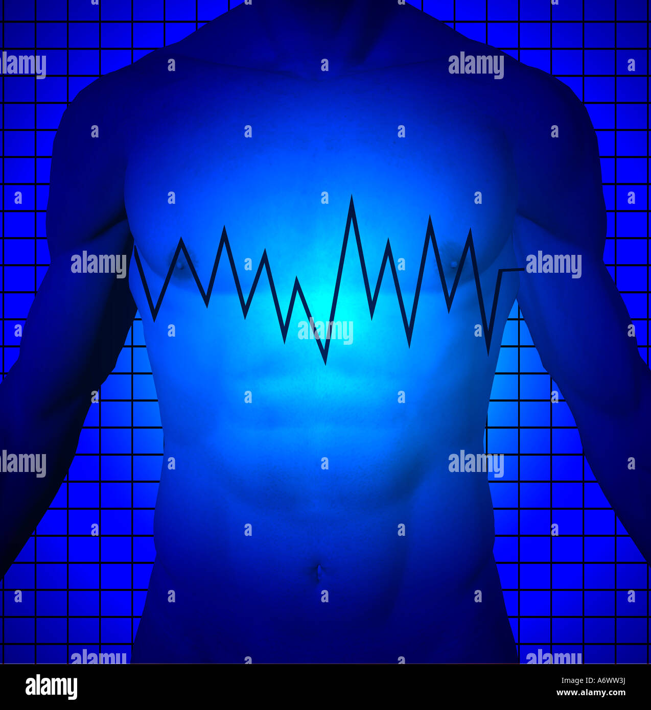 computer generated male robot chest showing Electro cardiogram chart ...