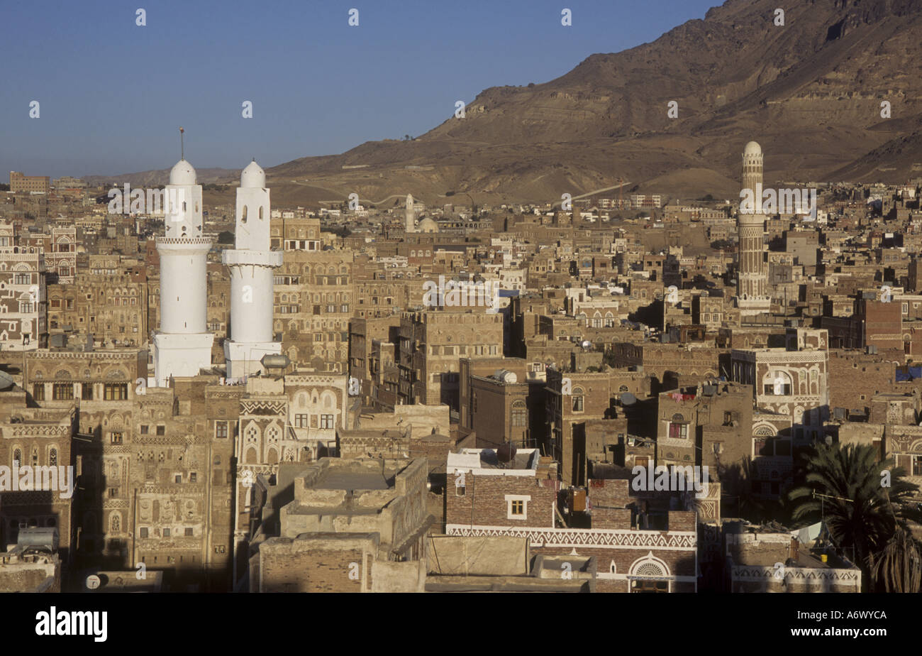 Yemen, Sana'a, Sunset over the old city of Sana'a with it's many ...