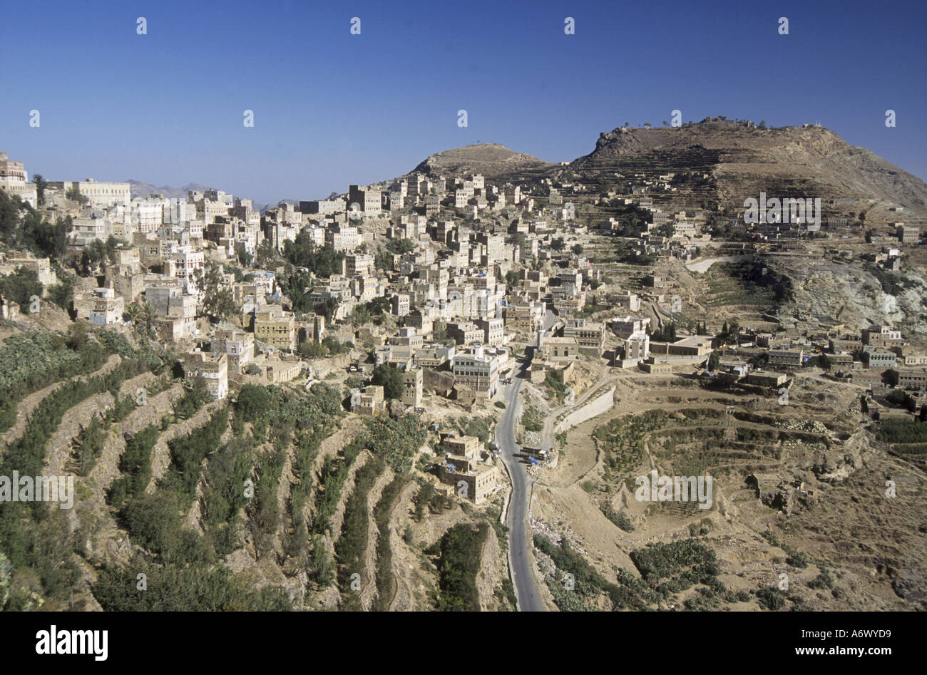 Yemen, Haraz Mountains, Overview of the hilltop village of Manakha and ...