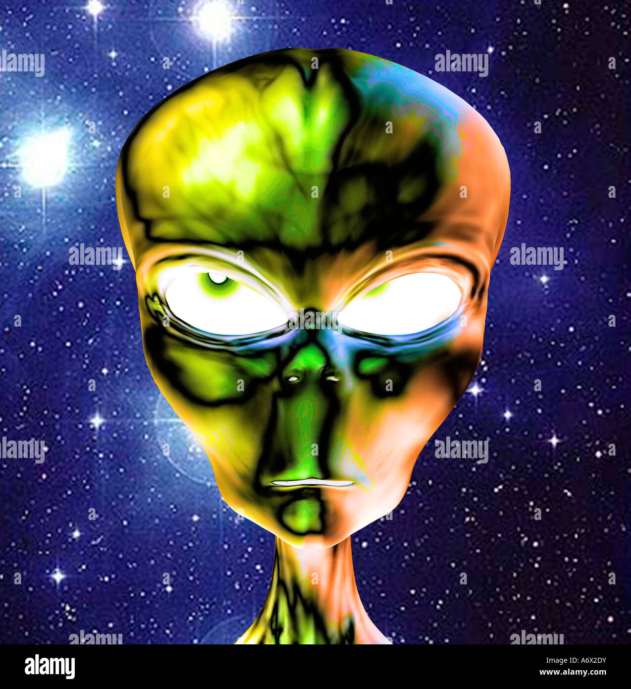 futuristic 3D computer generated bionic male alien head on background ...