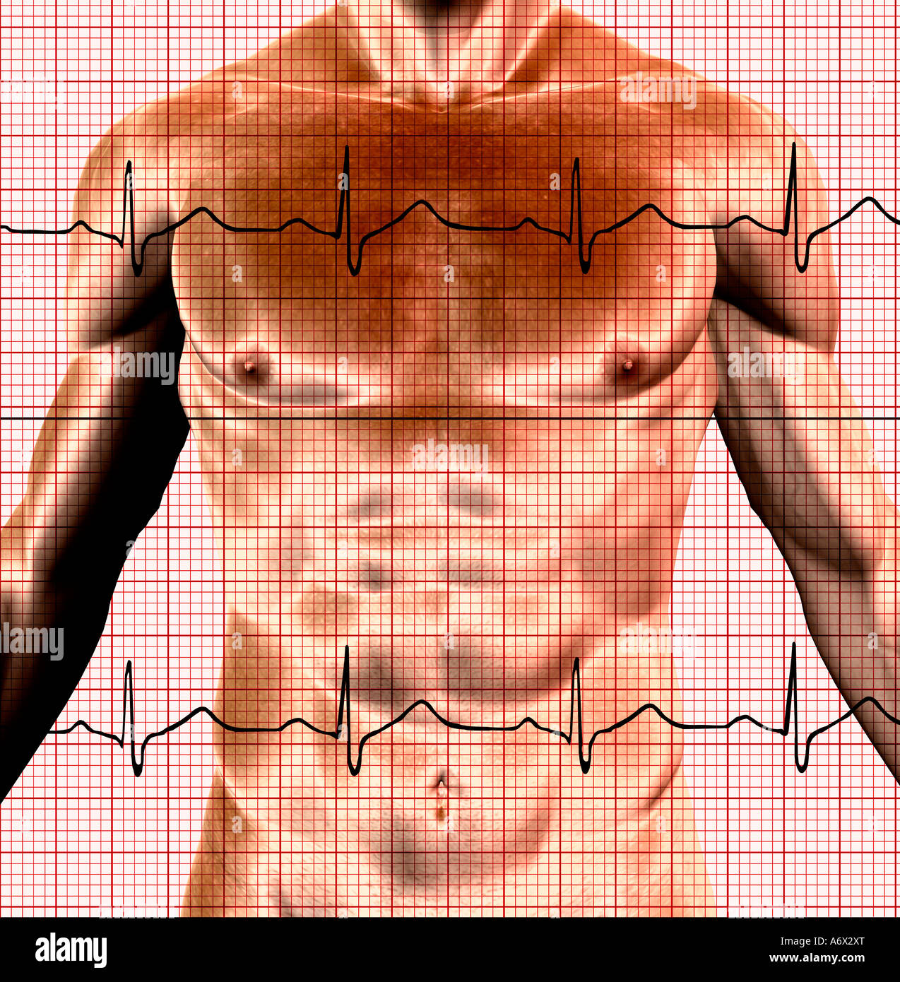 computer generated male robot chest showing Electro cardiogram chart ...