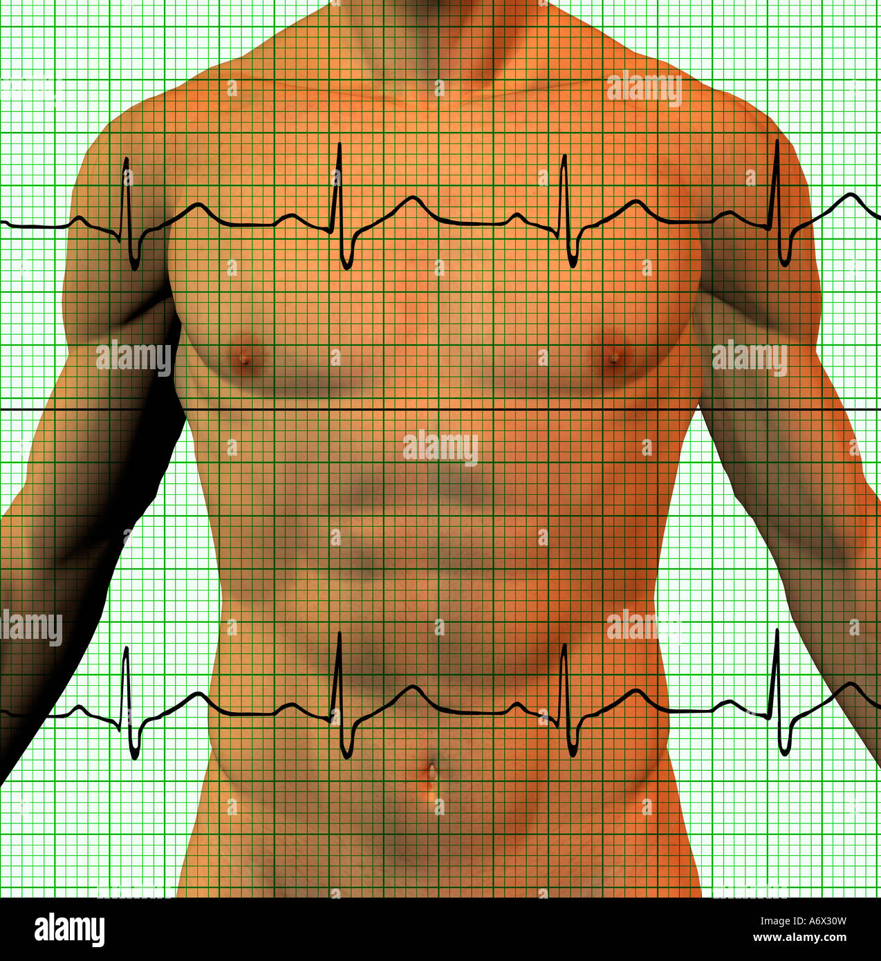 computer generated male robot chest showing Electro cardiogram chart ...