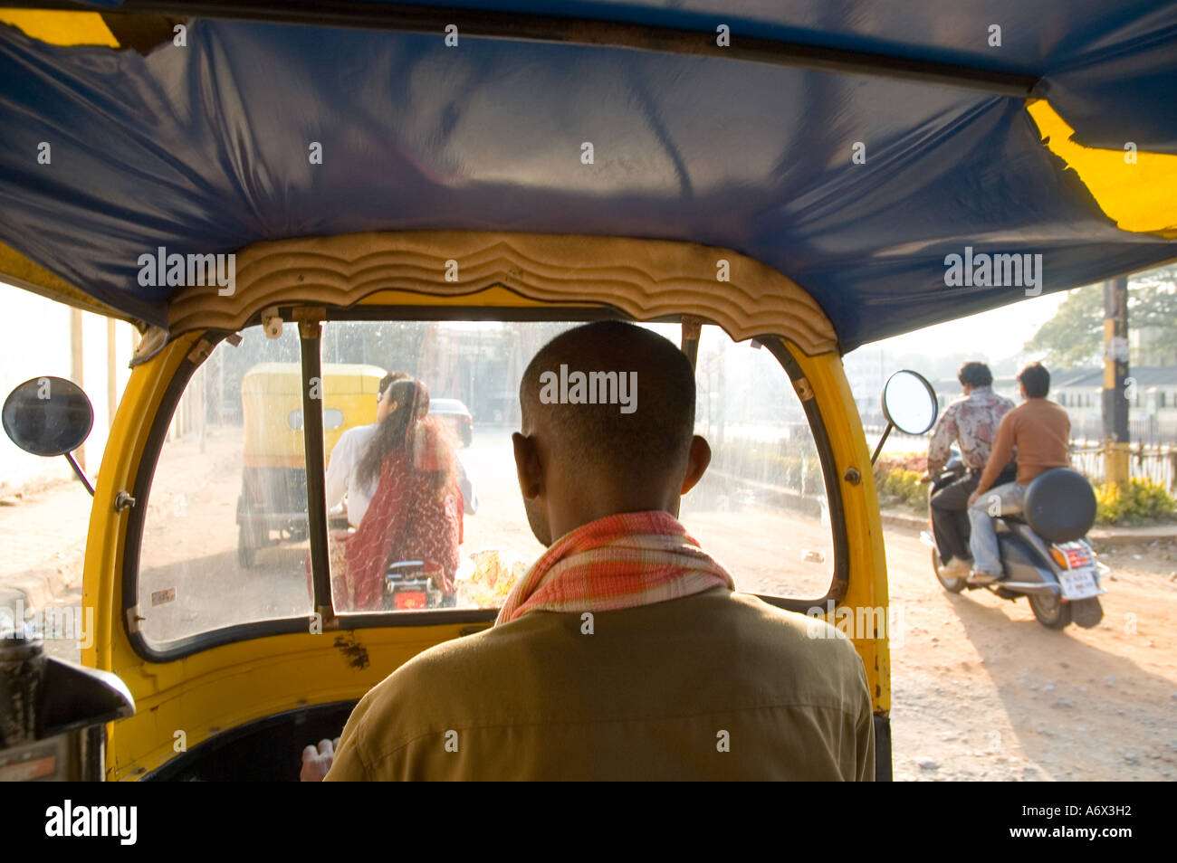 Inside an auto rickshaw as a passenger on the streets of India Stock ...