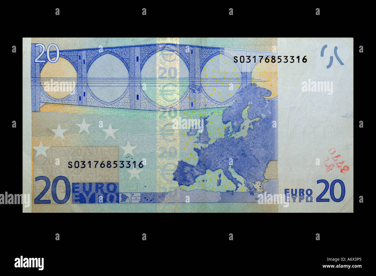 Reverse side of a 20 Euro note against a black background Stock Photo ...