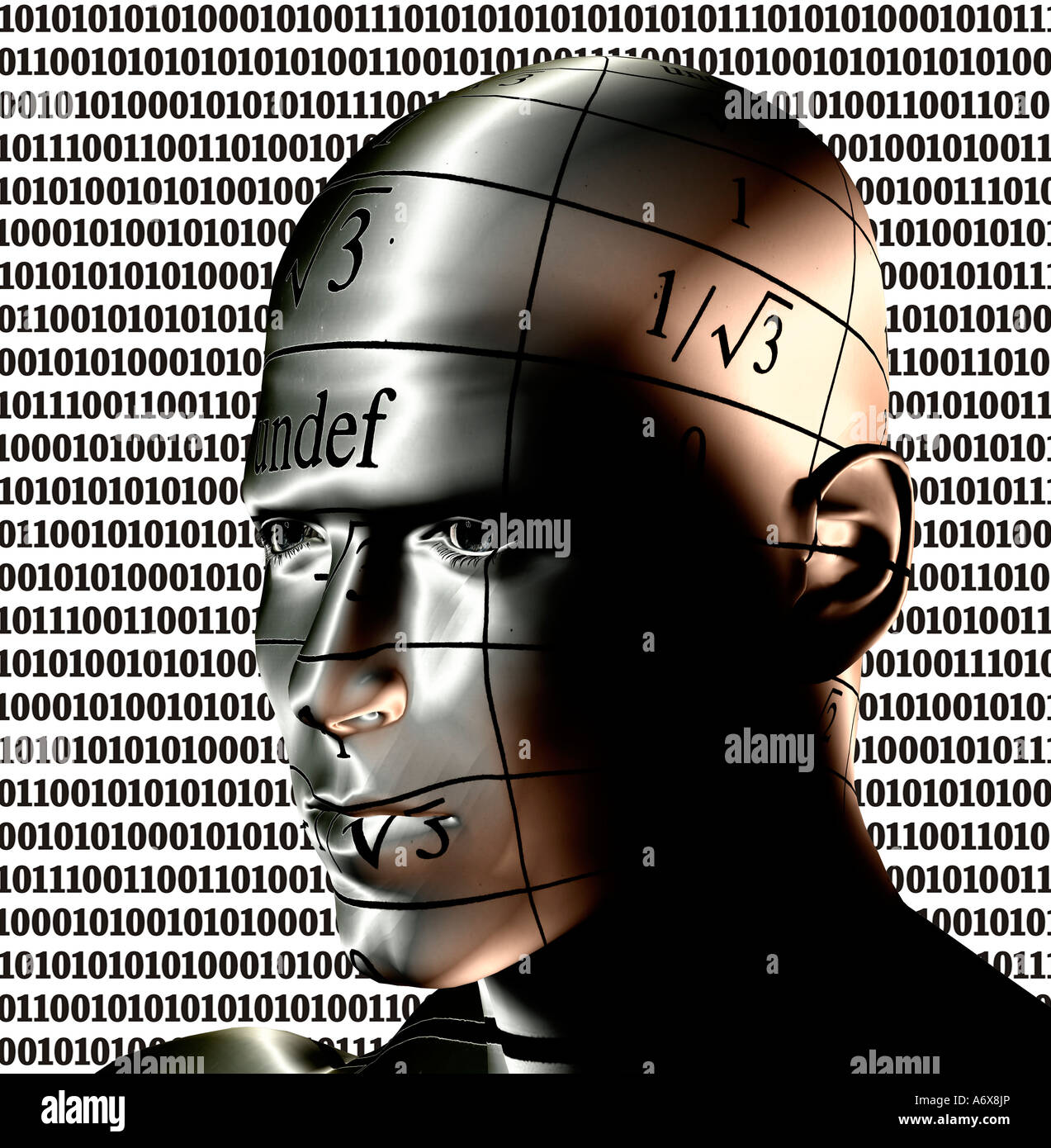 computer generated robot male head in 3D with mathematical symbols and ...