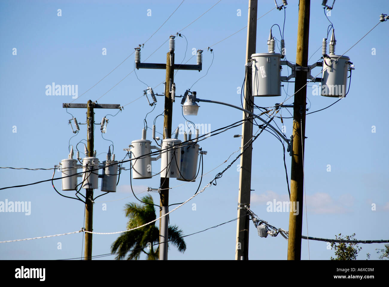 Electrical transformers located on poles in a residential neighborhoods ...