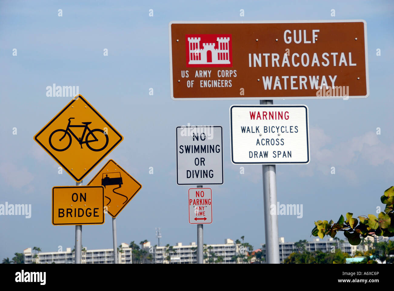 A confusion of traffic signs on the route of the intercoastal waterway ...