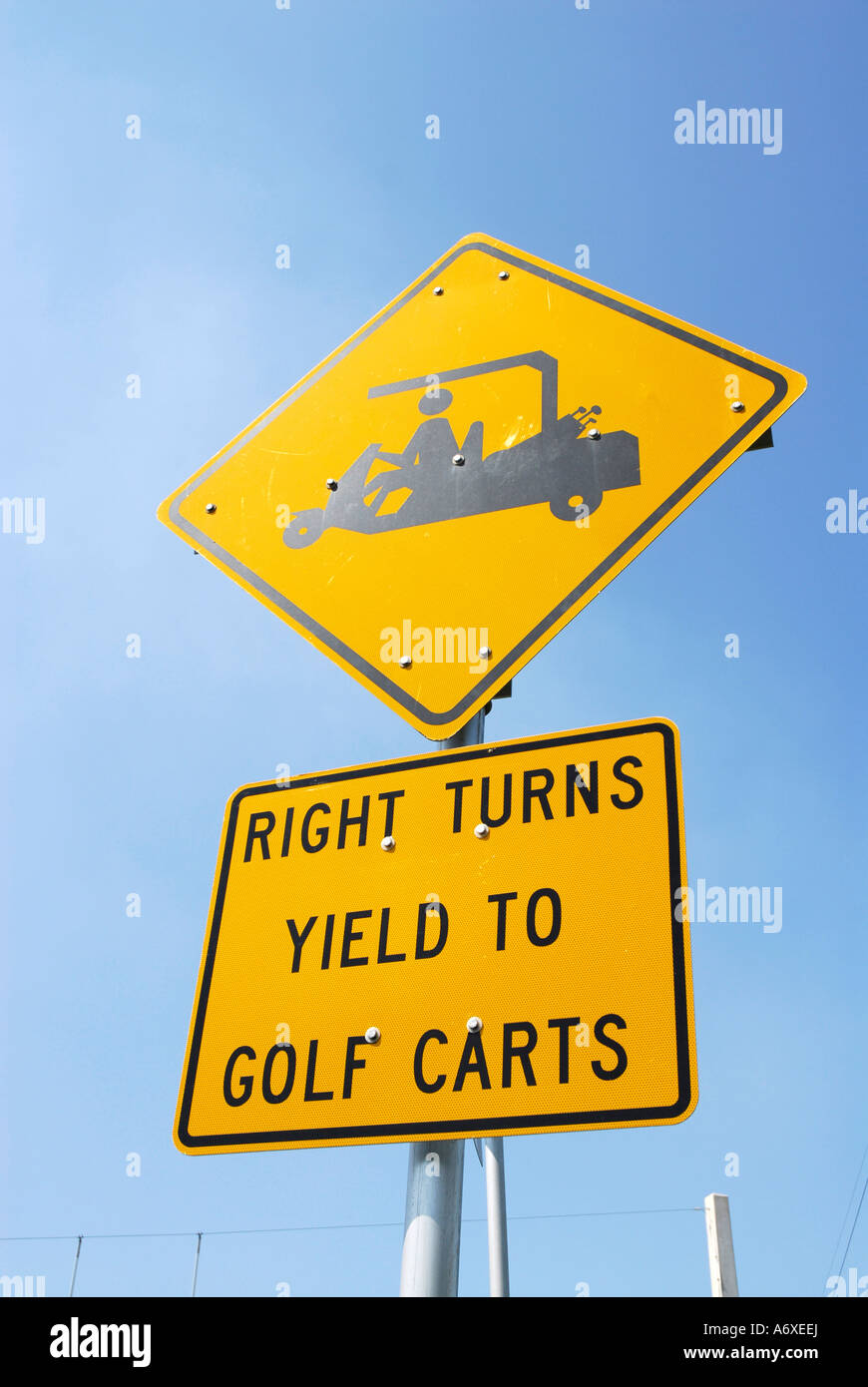 Bright yellow street sign warning motorist of large numbers of golf ...