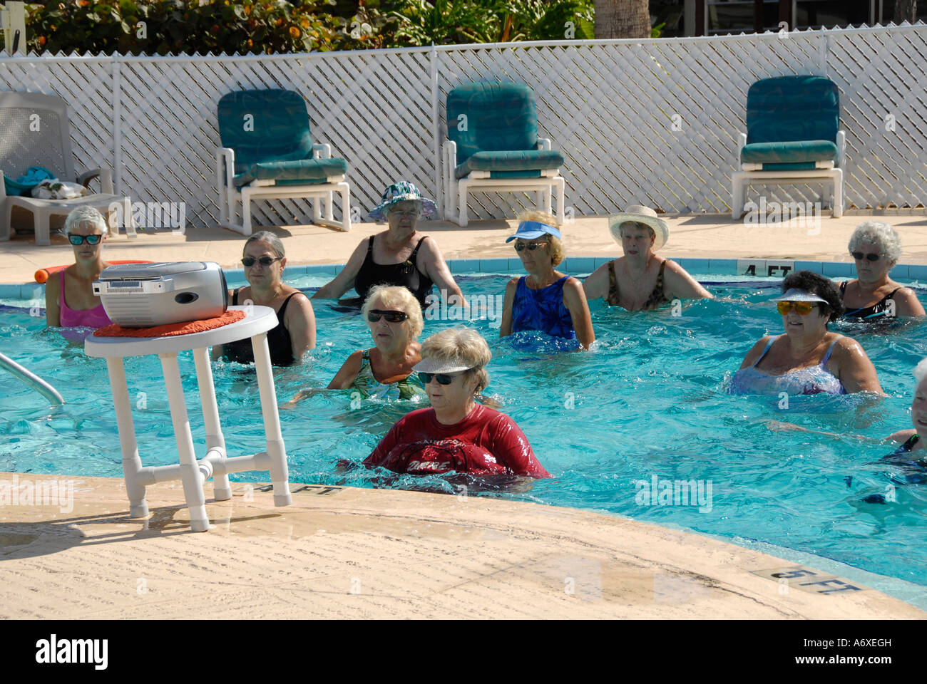 Adult senior females engage in aquatic water exercises for fitness and ...