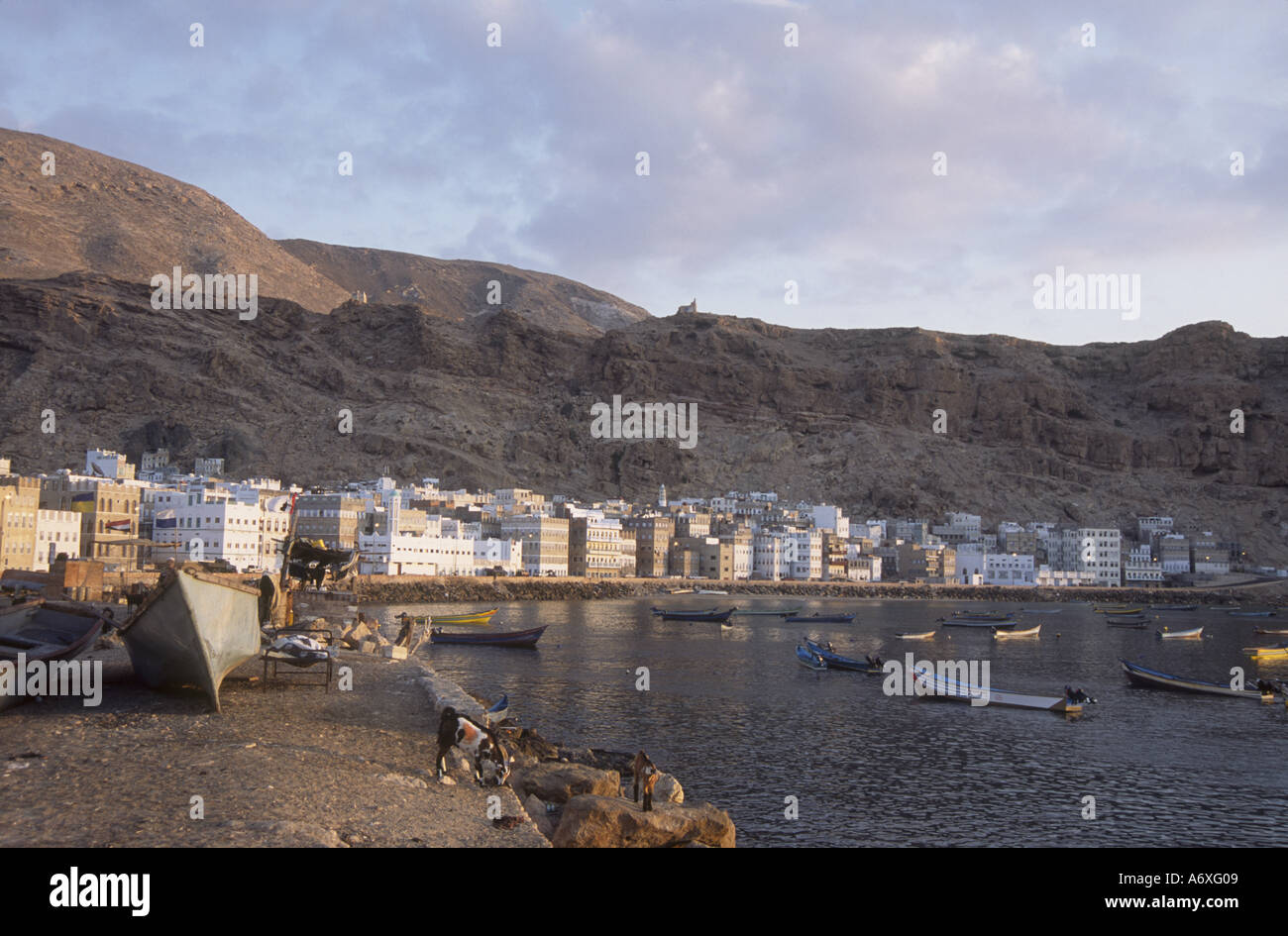 Yemen, Arabian Sea, Al Mukalla, Sunrise over the port city of Al ...