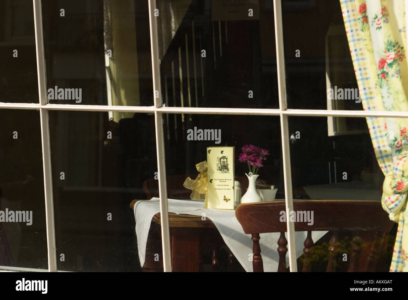 ENGLAND Windsor View through slanted window of The Crooked Tea Rooms ...