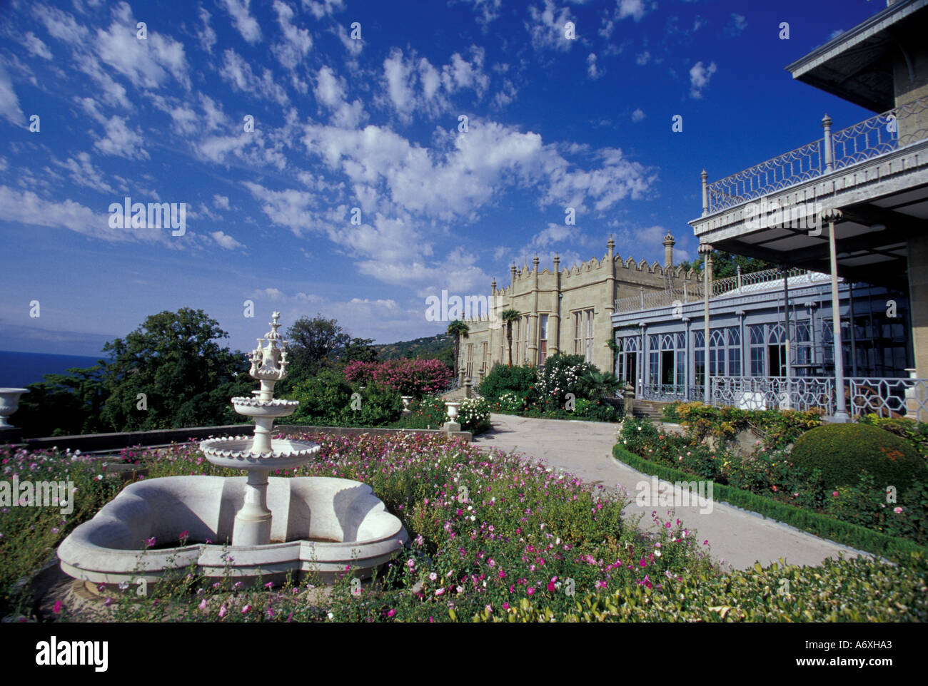 EU, Ukraine, Yalta, Alupka, Vorontsov Palace, extensive garden with ...