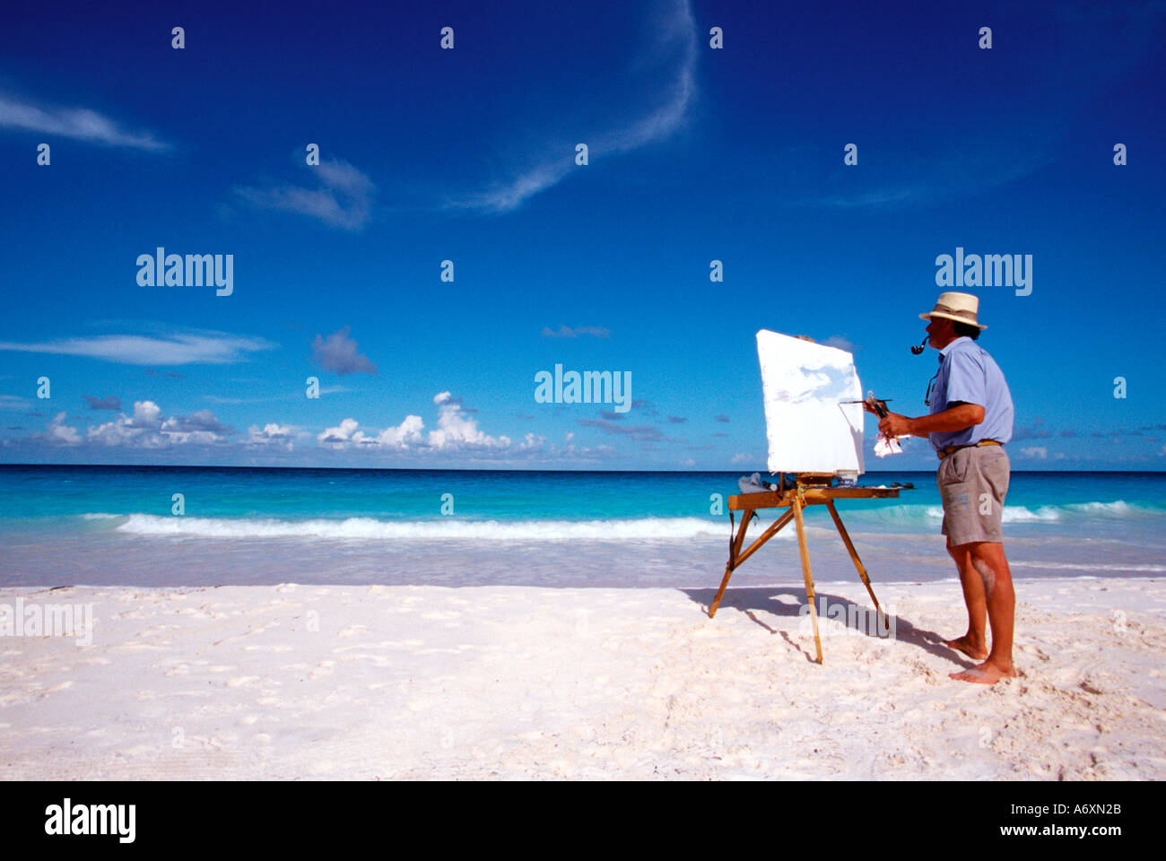 Joel Blanc, artist from Paris paints the pink sand beach at Harbour ...